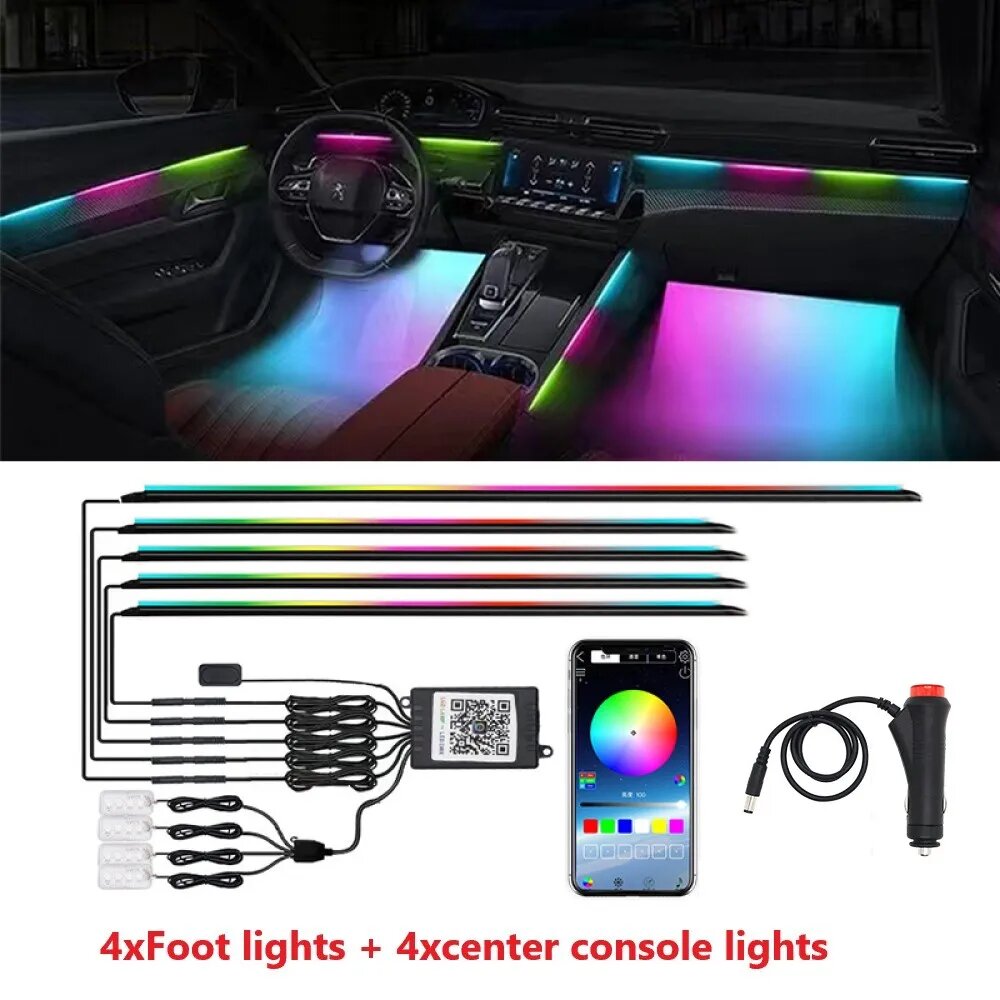 Освещение атмосферы салона автомобиля 9(6) в 1, скрытые разноцветные лампы атмосферы со скрытым дизайном, симфонические лампы атмосферы с управлением через приложение, 12 В постоянного тока/USB, 5 В. 9 in 1 DC12V