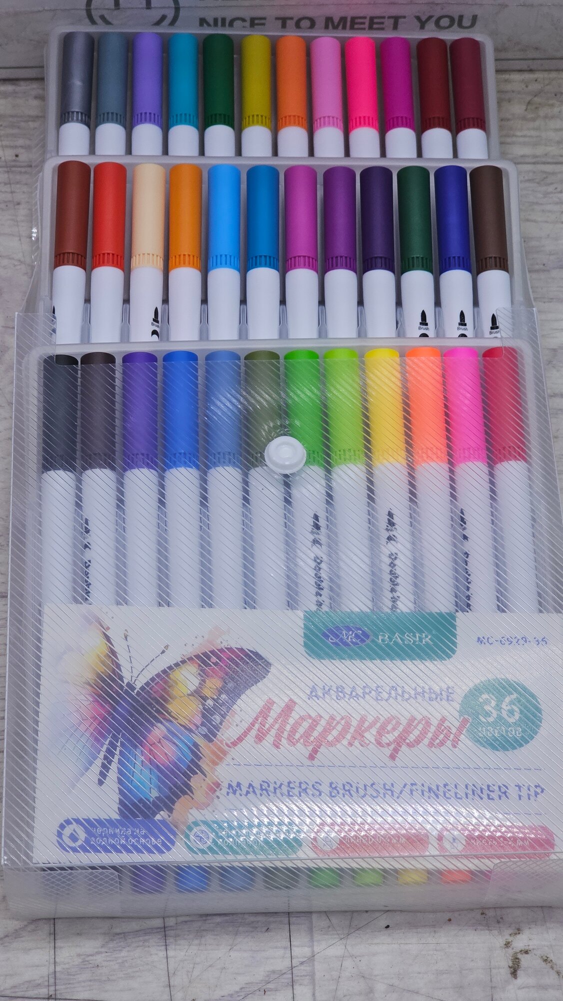 Набор акварельных маркеров 36цв. BASIR 2-х сторонние, линер/кисть, 1-4мм