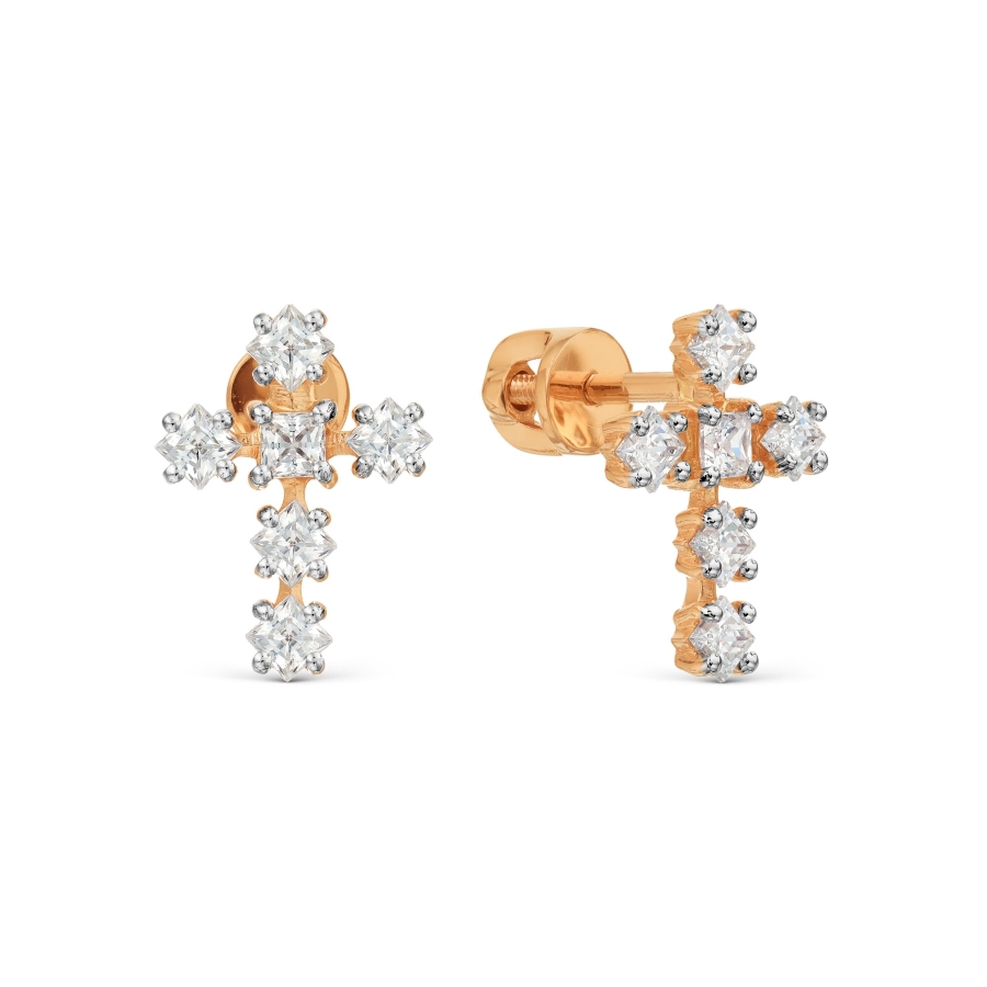 Серьги пусеты, красное золото, 585 проба, фианит