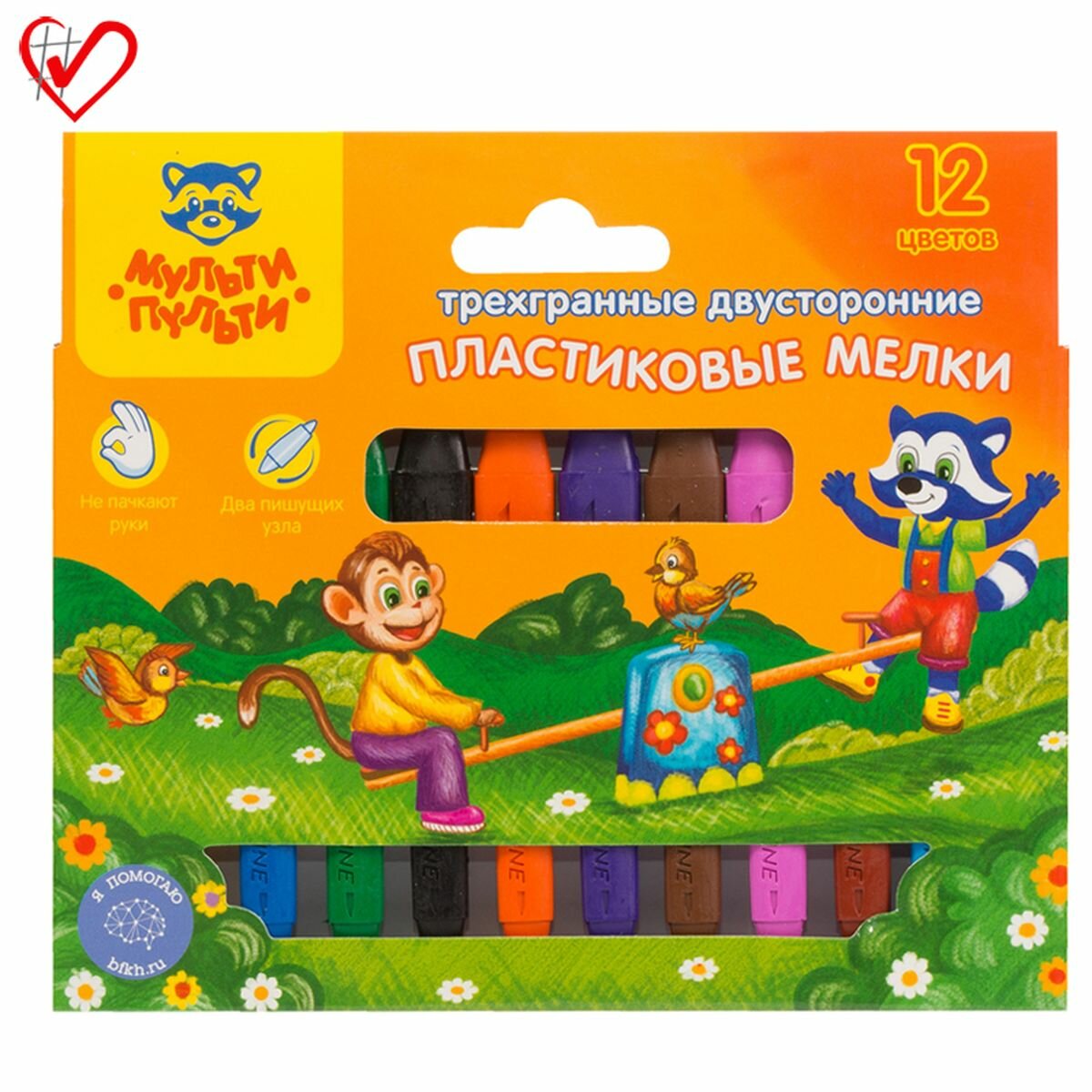 Мелки пластиковые 12 цветов Мульти-Пульти "Приключения Енота" (L=90мм, D=7/10мм, 3гр, двусторонние) картонная упаковка (РС_20135)