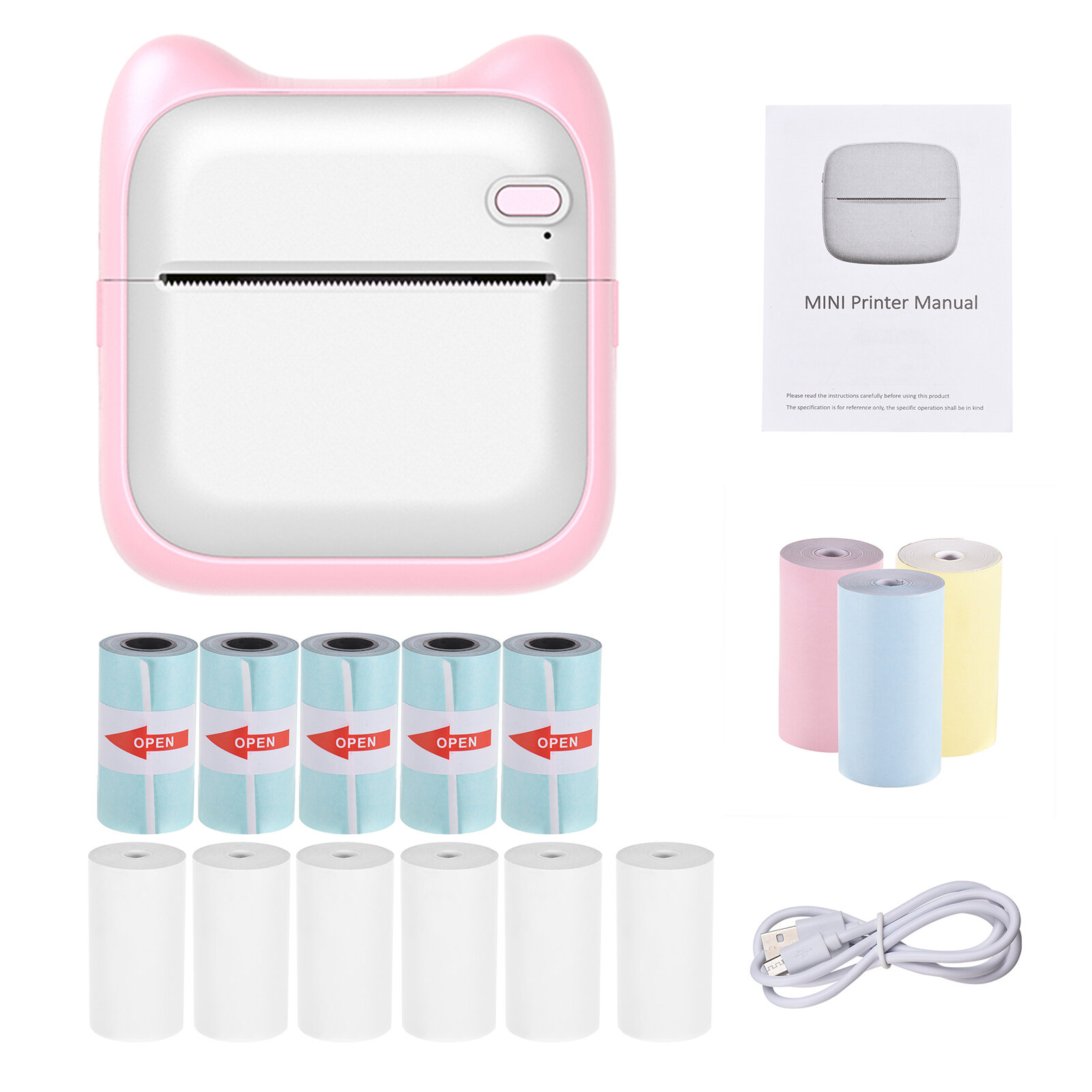 Mini Pocket Photo Printer Portable Temply Printing Machine 203DPI Беспроводное соединение BT для картинного Lable Diy Diy Randcraft Meno Notes Журнал Приемная бумага Мгновенная наклейка с принтером с 5 рулон с клейкой тепловой бумагой 9 рулон.