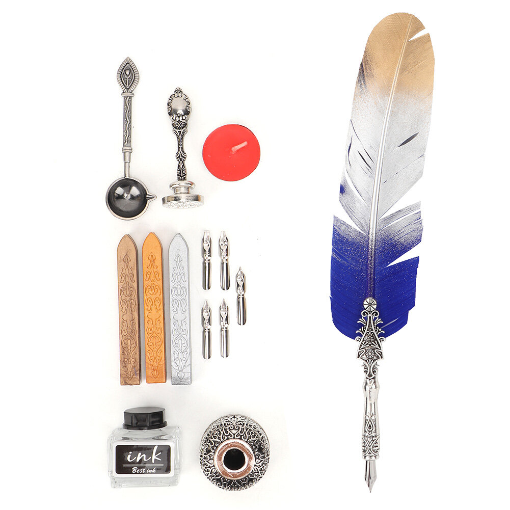 Винтажное перо Dip Pen с наконечниками из сплава, каллиграфическая ручка для письма, в коробке, градиентно-синее