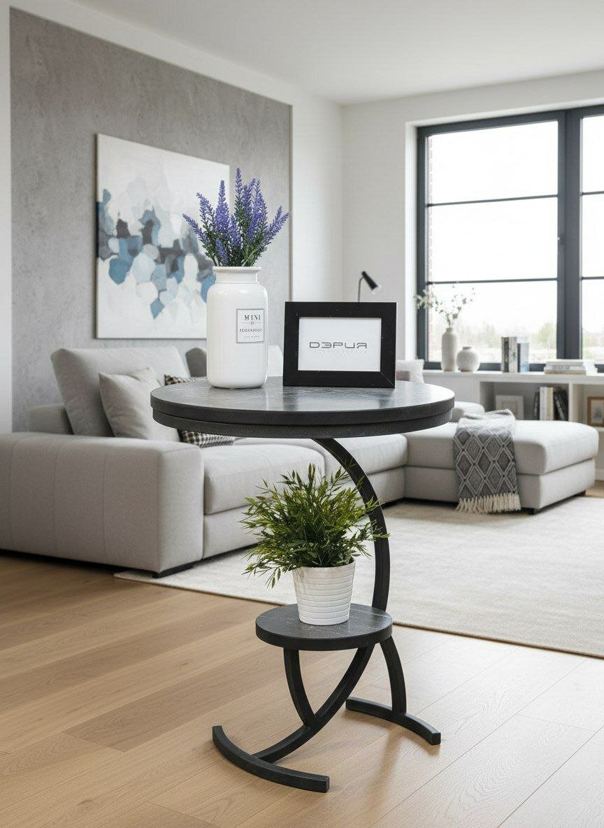 Интерьерный столик круглый для гостиной, в офис, прихожую, спальню, в гостиницу, с железной черной ножкой, черный мрамор