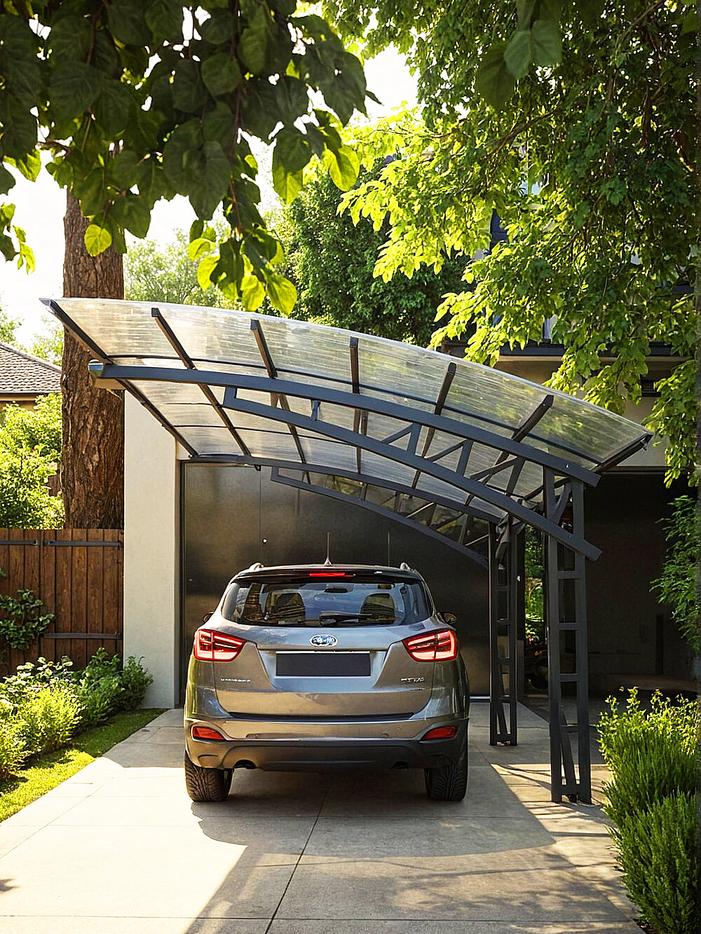 Автонавес консольный TEHNO ARМ-A, поликарбонат НЕ входит в комплект, размер 3,85x6,1 м, цвет шоколад RAL 8017