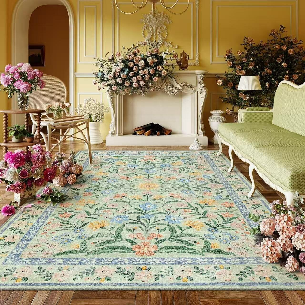 Ковер из видеошаго в французском стиле: светло-зеленые цветочные узоры (мягкая текстура) 40x60cm искусственный кашемир