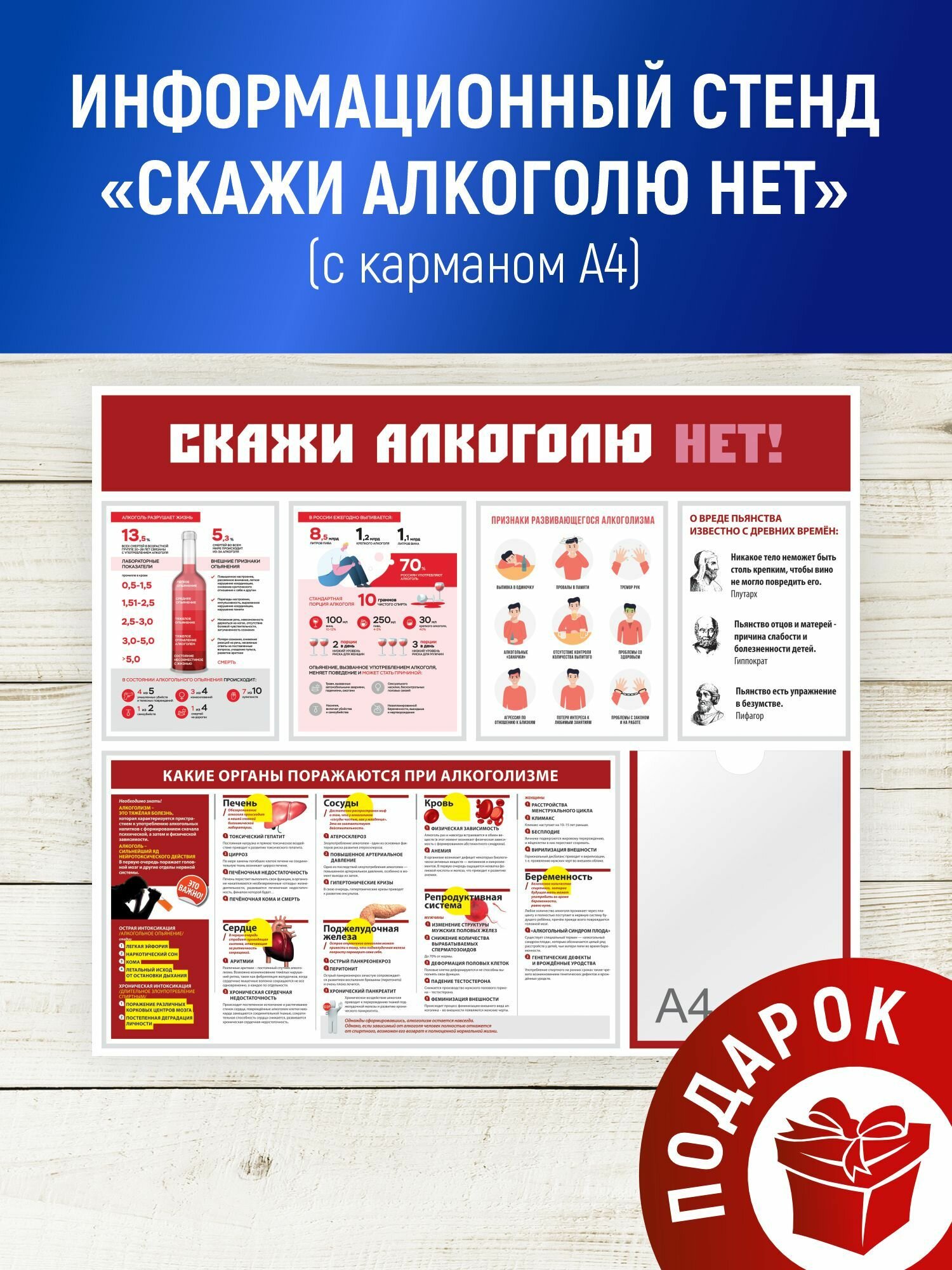 Стенд информационный для борьбы с алкоголем "Скажи алкоголю нет", 800 х 700 мм, карман А4, Stendplus