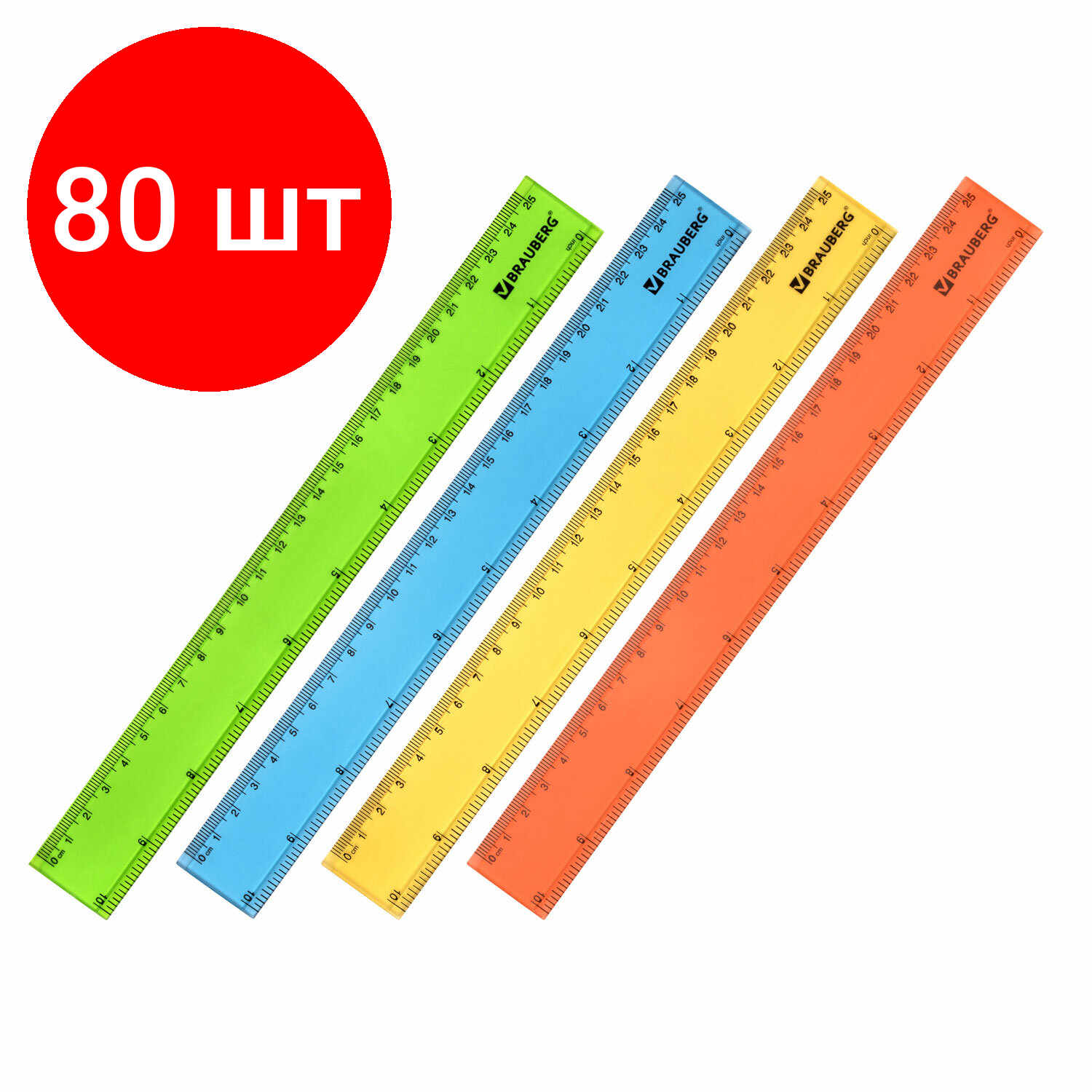 Комплект 80 шт, Линейка пластиковая 25 см, BRAUBERG, прозрачная, неоновая, ассорти, 210835