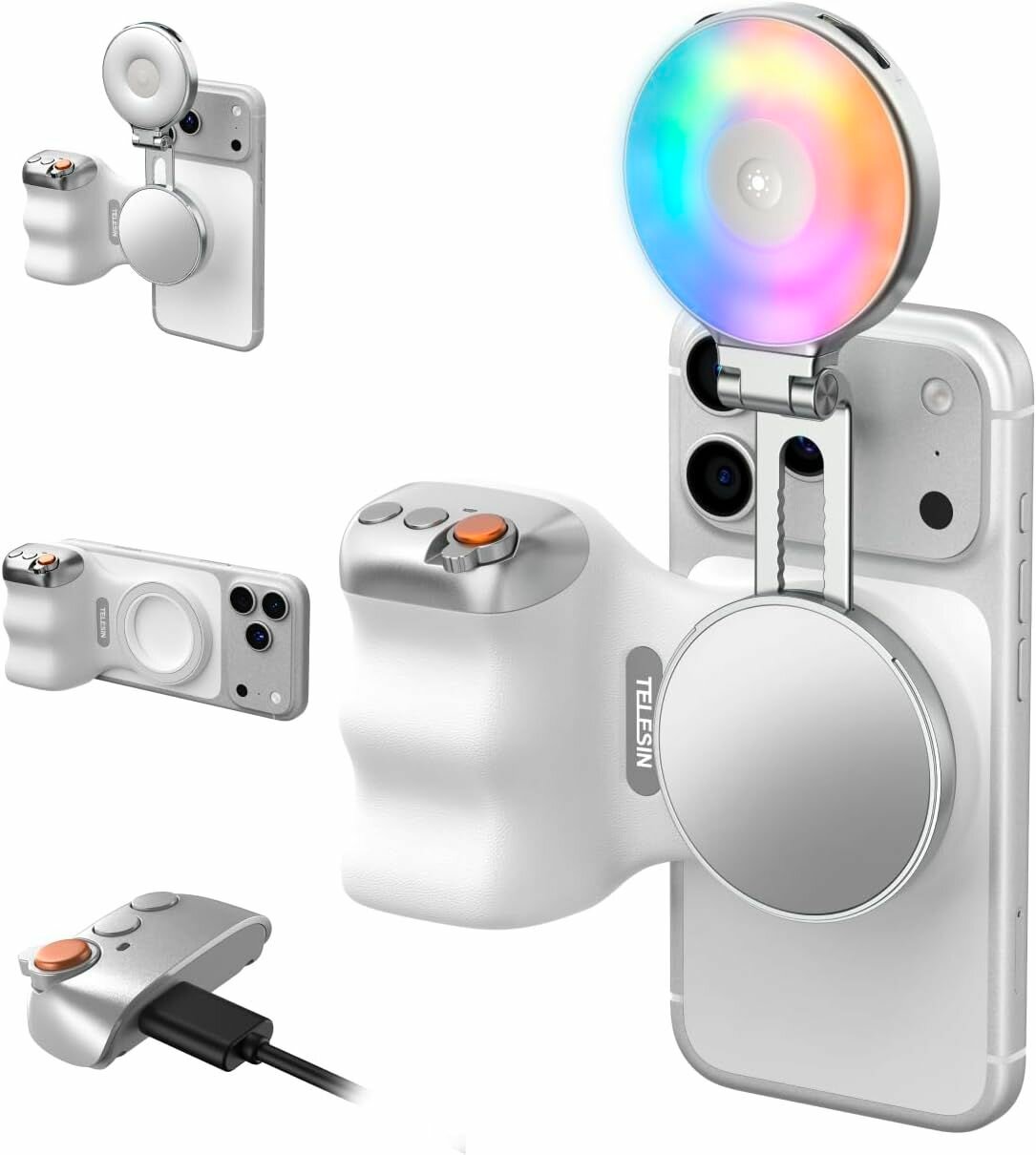 Магнитный держатель для телефона и камеры TELESIN Fun Shot (B) + магнитный RGB-светильник для селфи 4-в-1, совместимый с системами iPhone MagSafe и Android.