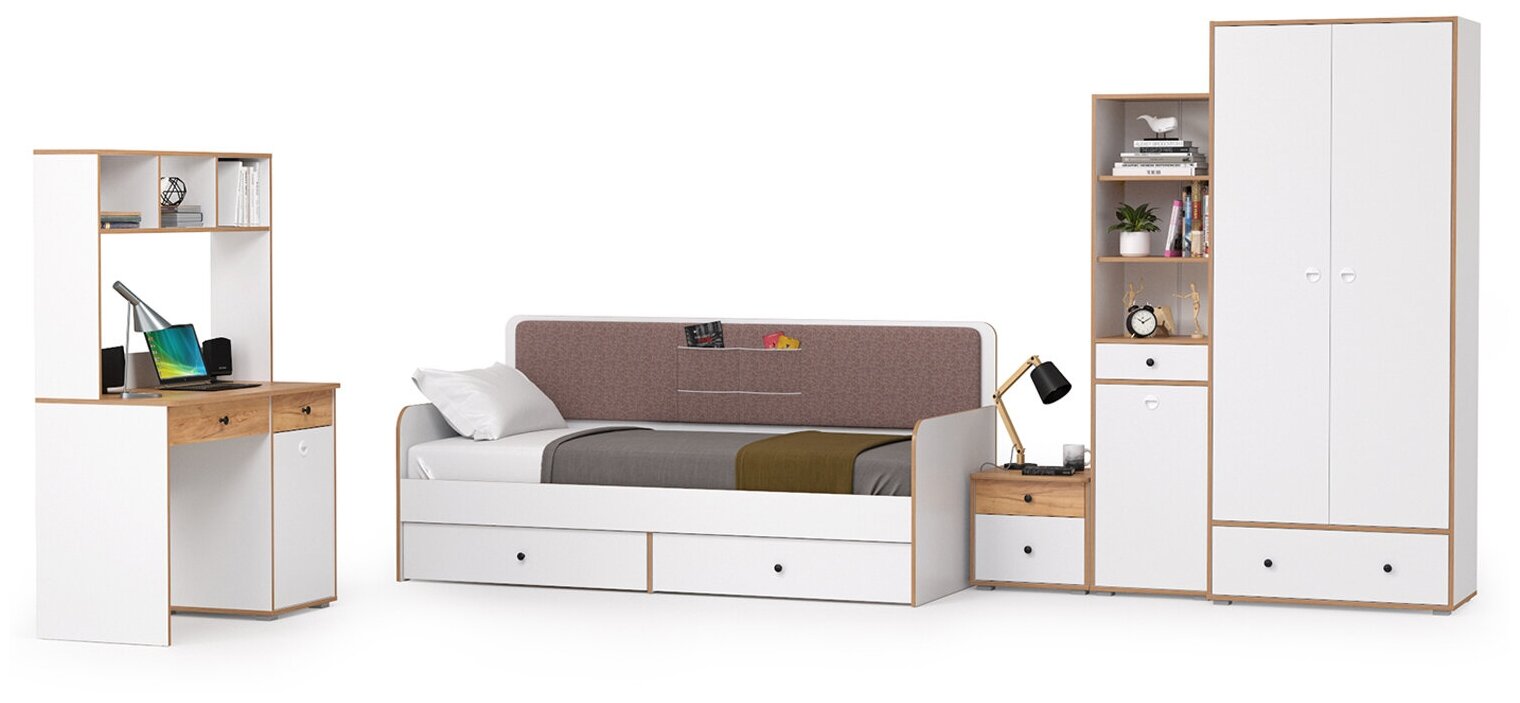 Мебель для большой молодёжной комнаты Вуди компоновка 9, белый премиум/дуб крафт золотой/саванна латте, см 1900х2000 мм.