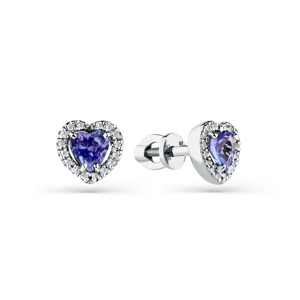 Серьги, белое золото, 585 проба, бриллиант, танзанит