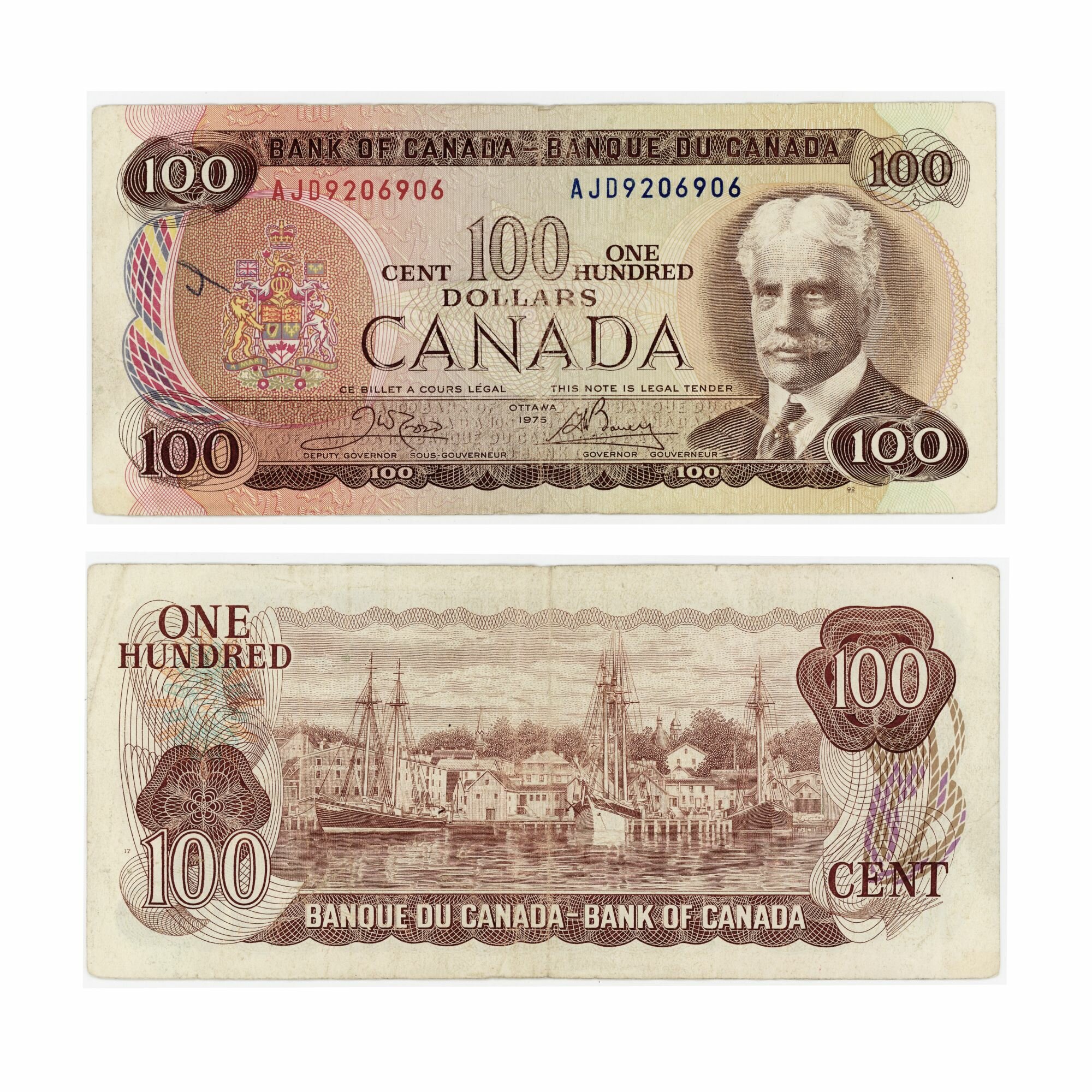 Банкнота Канада 100 долларов ONE HUNDRED DOLLARS 1975 год Fine (F) Pick 91