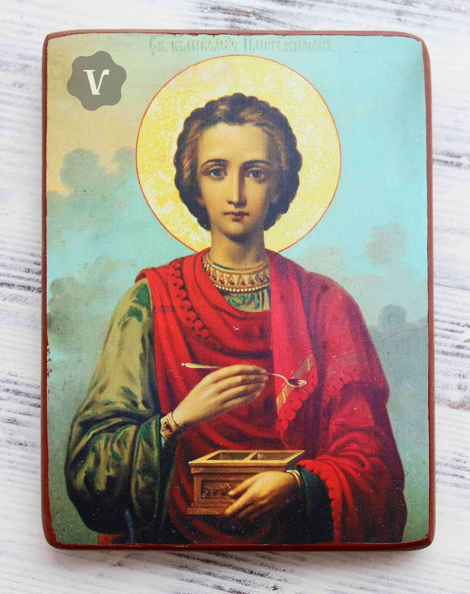 Православная икона Пантелеймон Целитель, деревянная иконная доска, левкас, ручная работа