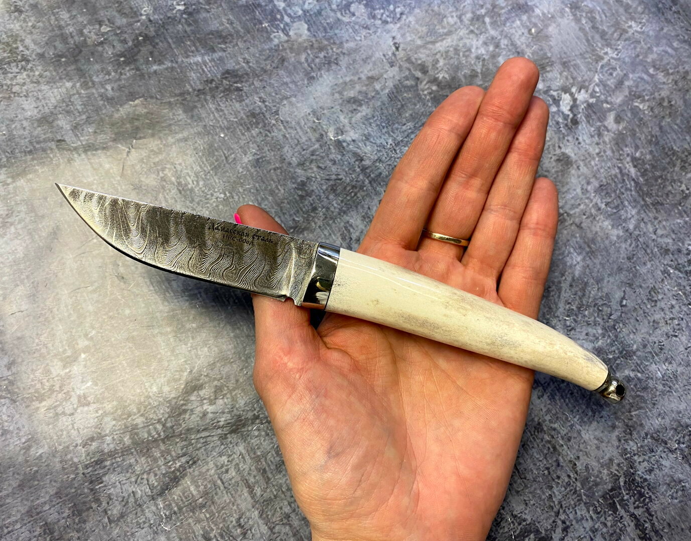 Нож Тигр малютка, шкуросъемный, дамасская сталь, рог лося, ручная работа