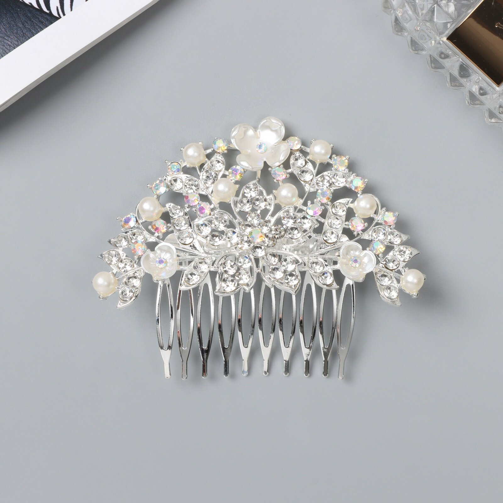 Гребень для волос QF «Джуди», цветы, 8×6 см, серебро