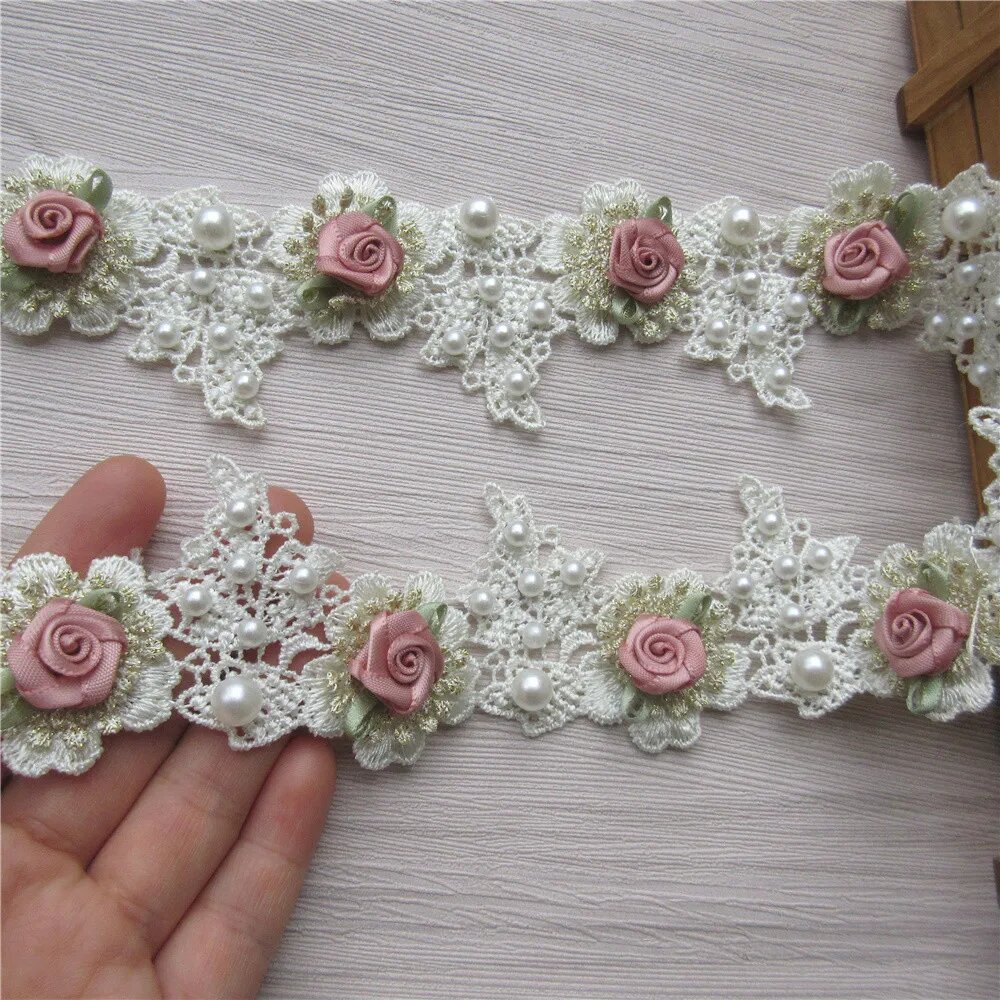10x с бусинами и розовым цветами Золотой кружевной отделкой вышивкой кружевной лентой ткани лоскутное шитье ремесло для костюм украшения