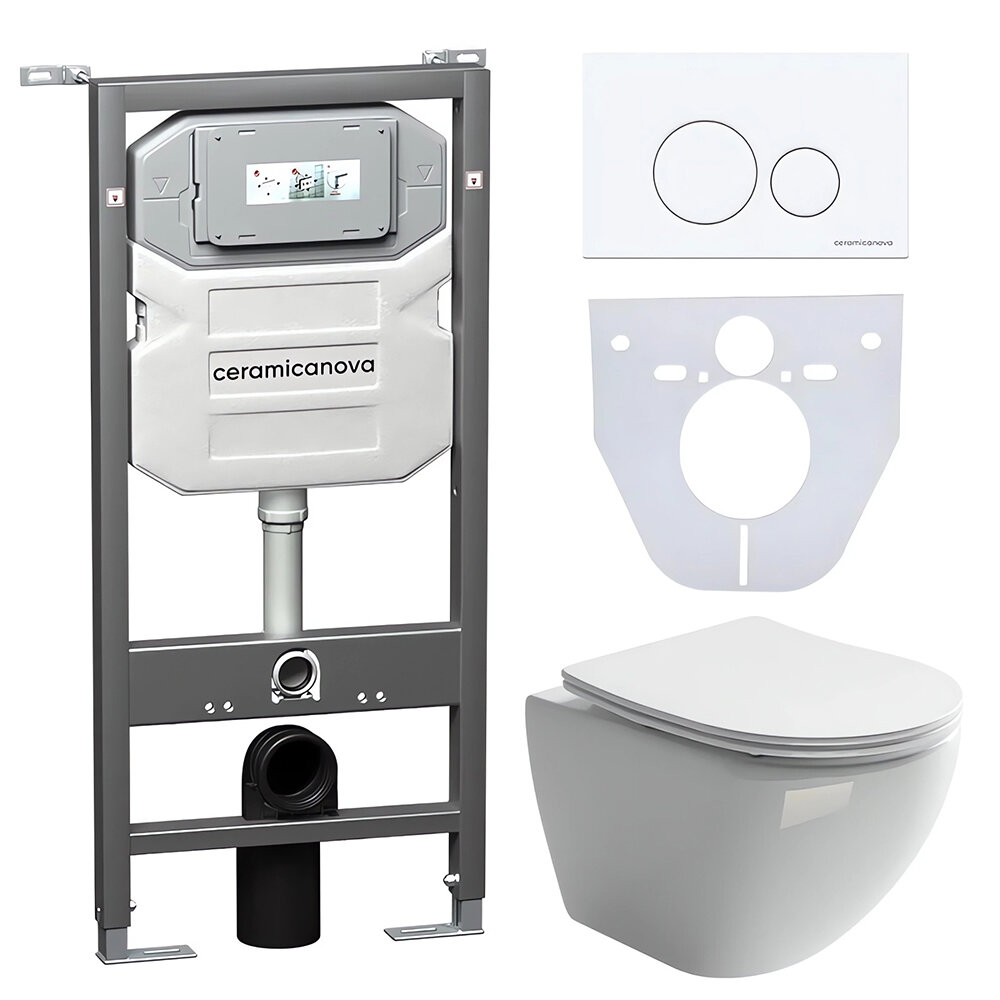Комплект инсталляции 4 в 1 Ceramicanova Подвесной унитаз Metropol Rimless арт. CN4002 + Шумоизоляционная панель для инсталляции арт. CN1000 + Система инсталляции для унитазов CERAMICANOVA Envision с кнопкой смыва Round цвет белый и креплениями арт. CN1001