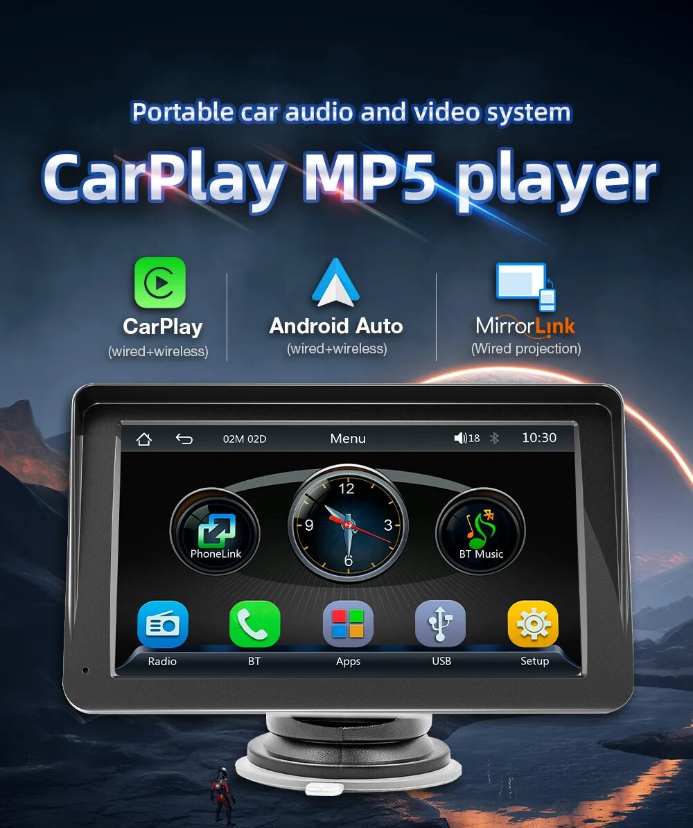 7-дюймовый портативный автомобильный радиоприемник с беспроводным CarPlay и Android Auto, мультимедийный видеоплеер с сенсорным экраном, USB и AUX для камеры заднего вида