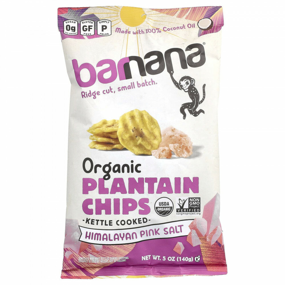 Barnana, органические чипсы из плантана, с розовой гималайской солью, 140 г
