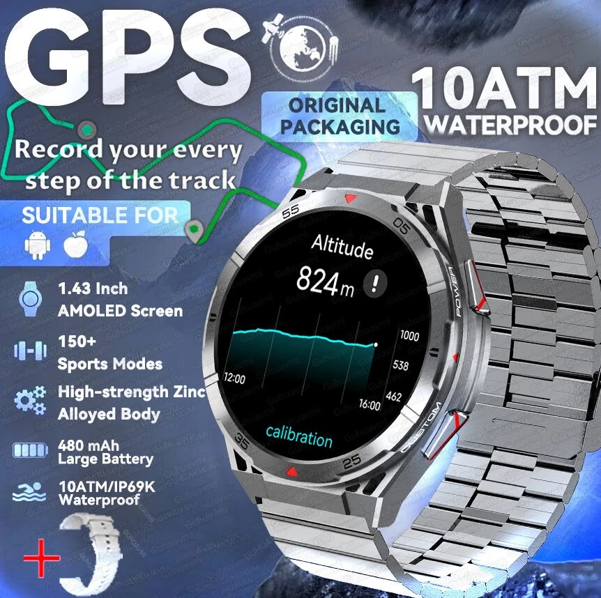 GPS смарт-часы мужские Silver Steel B 10ATM