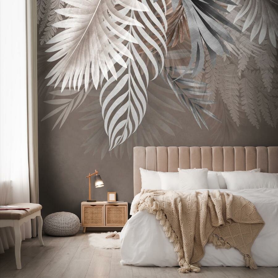 Фотообои Листья светлые пушистые на бежевом фоне 14-1244-S-Велюр 270 x 200 см (ВхШ) Бесшовные, флизелиновые, влагостойкие обои