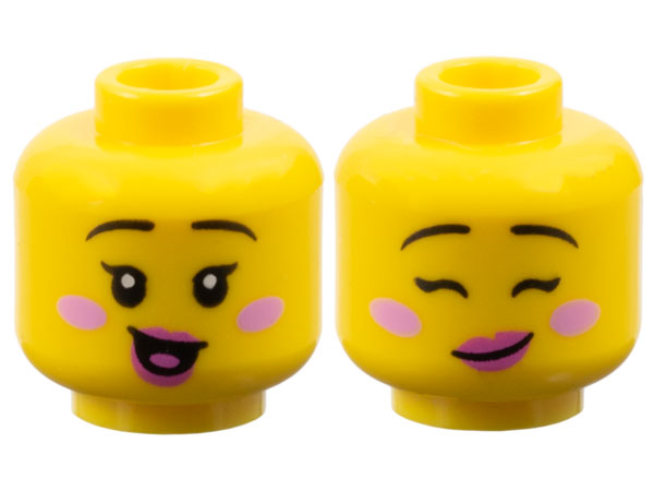 Minifigure, Head Dual Sided Female Black Thin Eyebrows, Single Eyelashes, Bright Pink Cheeks, Dark Pink Lips, Open Mouth Smile with Tongue / Lopsided Grin with Eyes Closed Pattern, 3626pb3768 Yellow N