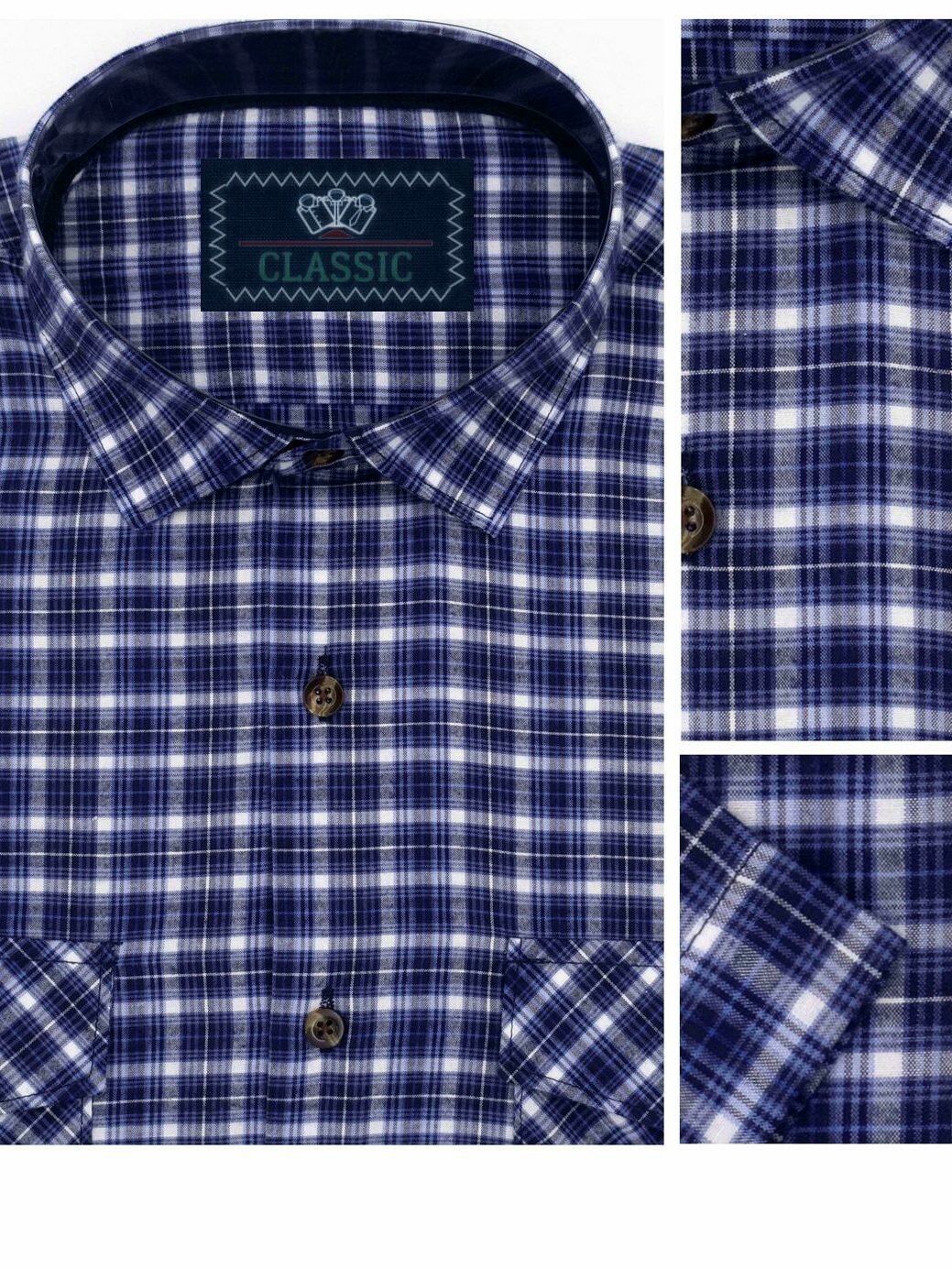 Рубашка Рубашка мужская с коротким рукавом, прямая классическая, темная сорочка, на пуговицах, рубаха на любой сезон, стильный фасон одежды, синяя, клетка, с карманами, летняя