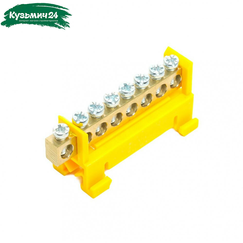 Шина заземления Stekker РЕ на изоляторе типа стойка на DIN-рейку, LD556-69-8, 8 выводов, желтая