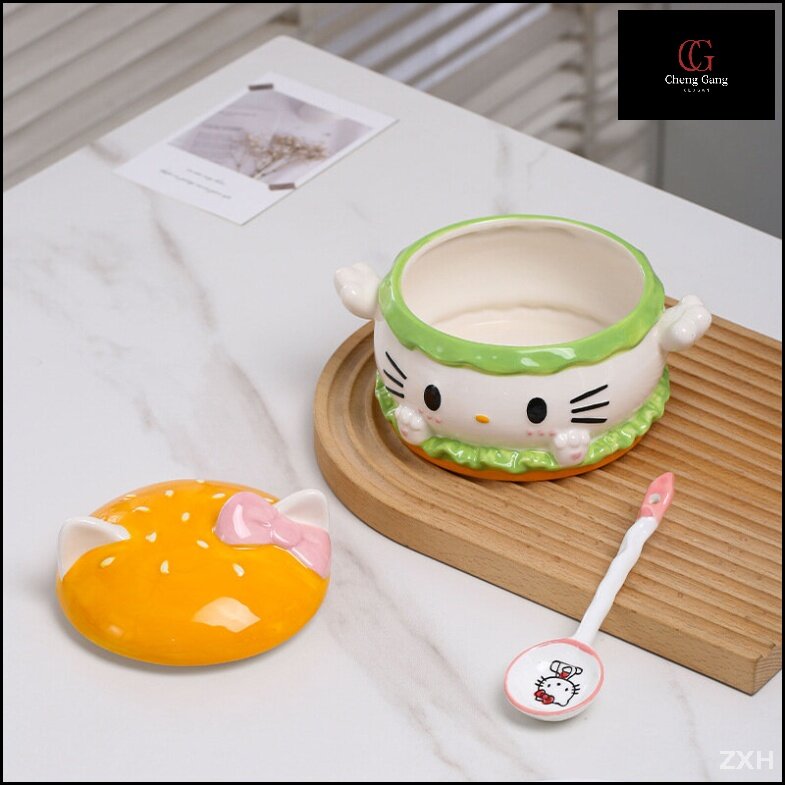 Эксклюзивная глубокая тарелка 12.5 см 800 мл Hello Kitty с крышкой и ложкой из керамики