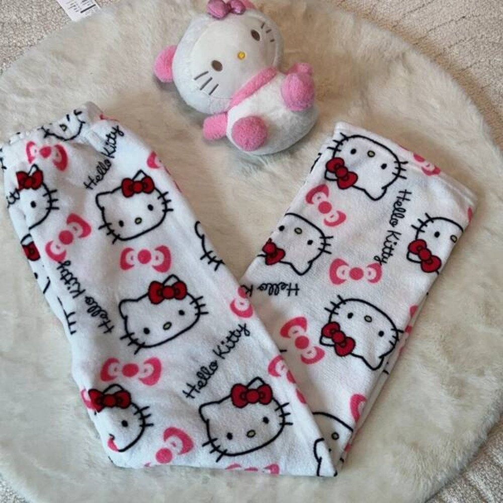 Пижамные штаны Sanrio Hello Kitty, черные с розовым рисунком, фланелевые, женские, теплые шерстяные, белые, с мультяшным рисунком, повседневные, домашние, осенние, для девочек.