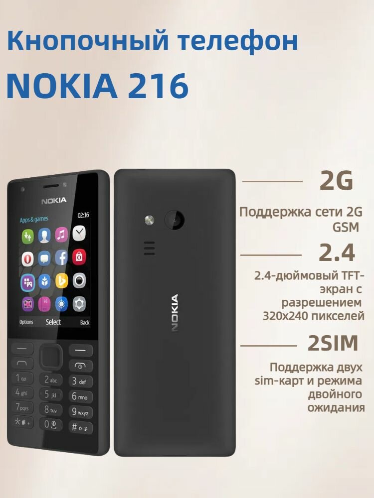 Nokia Мобильный телефон Мобильный телефон Nokia 216 с сетью 2G / картой памяти 2SIM/двойной камерой /FM-радио