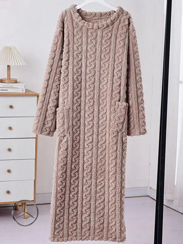 Женский халат из искусственного меха, зимний теплый халат с длинными рукавами и карманами, бежевый One Size_Y