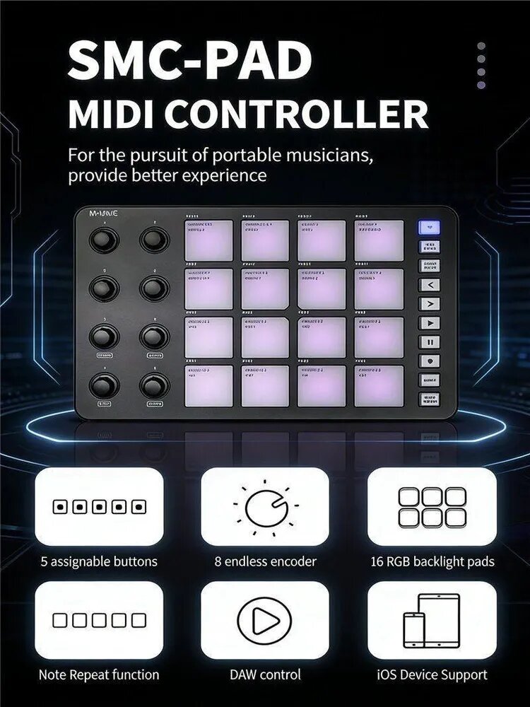 Беспроводной MIDI-контроллер M-VAVE SMC-PAD для портативных музыкантов, USB-C