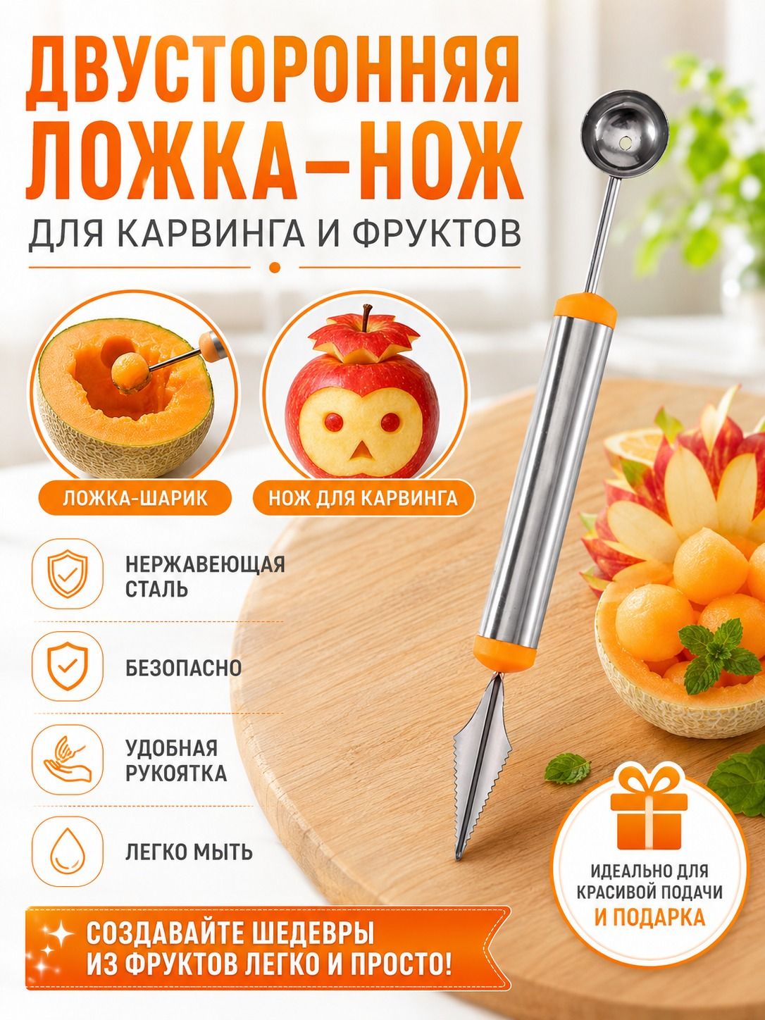 Нож для карвинга фруктов из нержавеющей стали, двусторонняя ложка-резак для фигурной нарезки овощей и фруктов, набор для сервировки стола