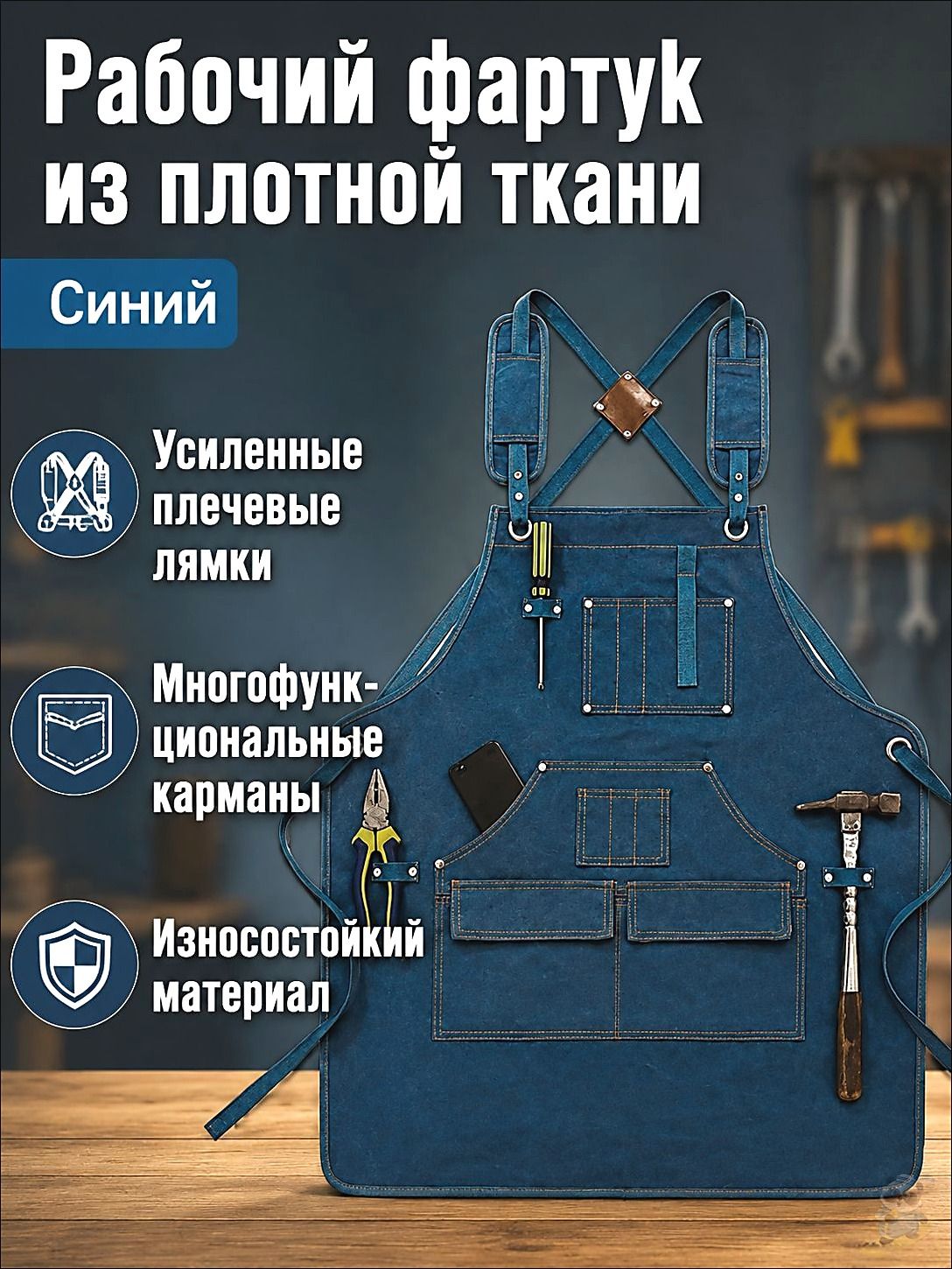 Фартук рабочий из плотного холста, универсальный размер, синий с окантовкой для столяров, садоводов