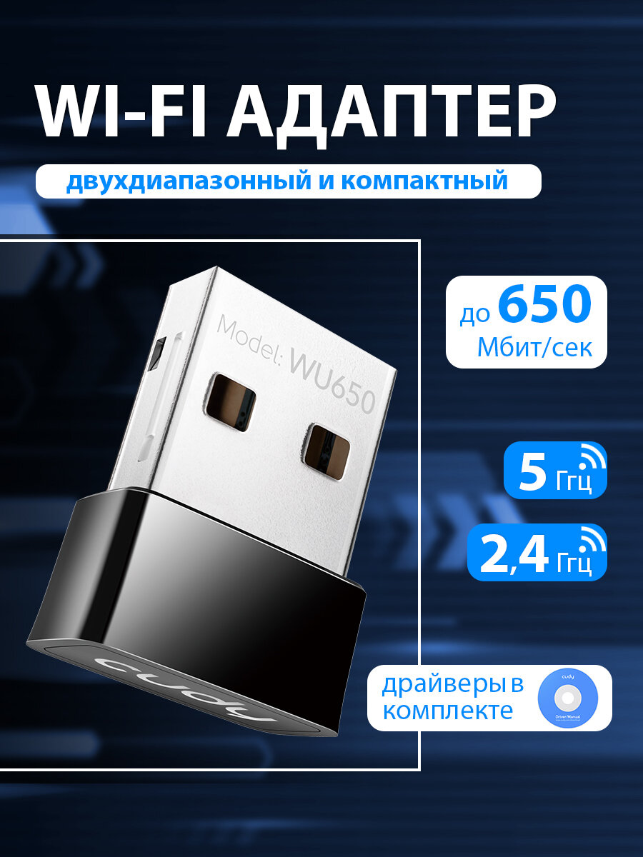 Wi-Fi адаптер CUDY WU650 черный, двухдиапазонный, компактный