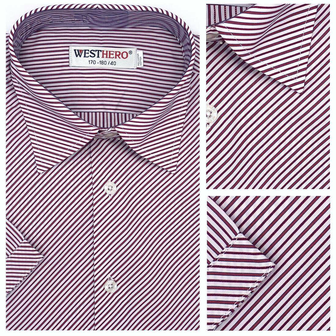 Рубашка Рубашка мужская с коротким рукавом, приталенная, светлая сорочка, на пуговицах, рубаха на любой сезон, стильный фасон одежды, бордовая, полоска, без карманов, летняя