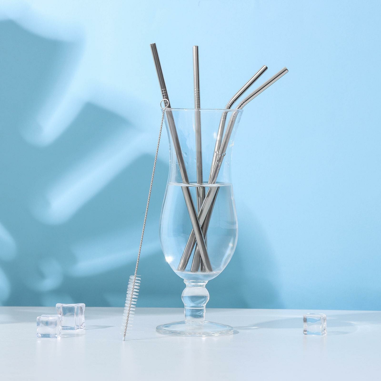 Трубочки для коктейлей Доляна Ice, 21 см, с ёршиком, нержавеющая сталь, 4 шт, форма микс