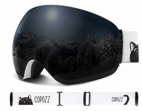 Очки горнолыжные, маска, COPOZZ. Цвет - чёрный, ремешок с котиком.