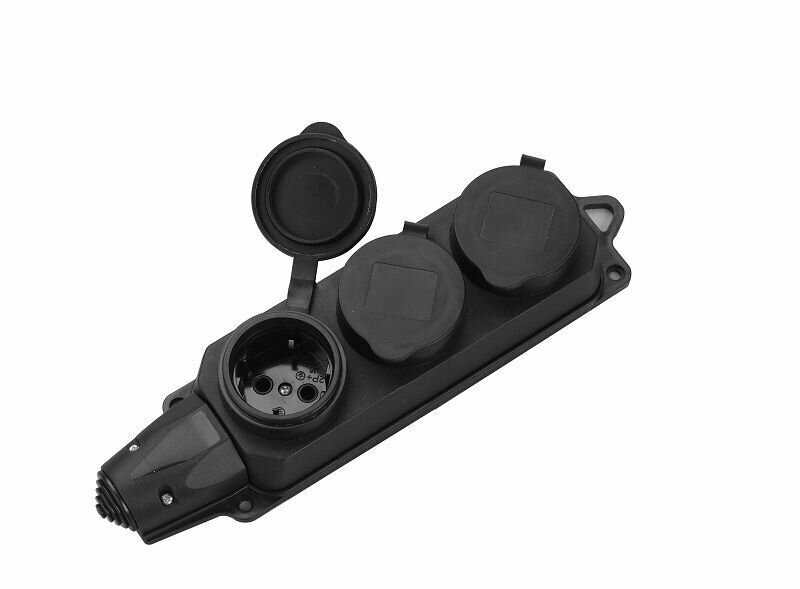 Колодка штепсельная для удлинителя NE-AD, 3 г-н с/з с крышками 16А, IP44,(каучук), 3 шт, цвет черный