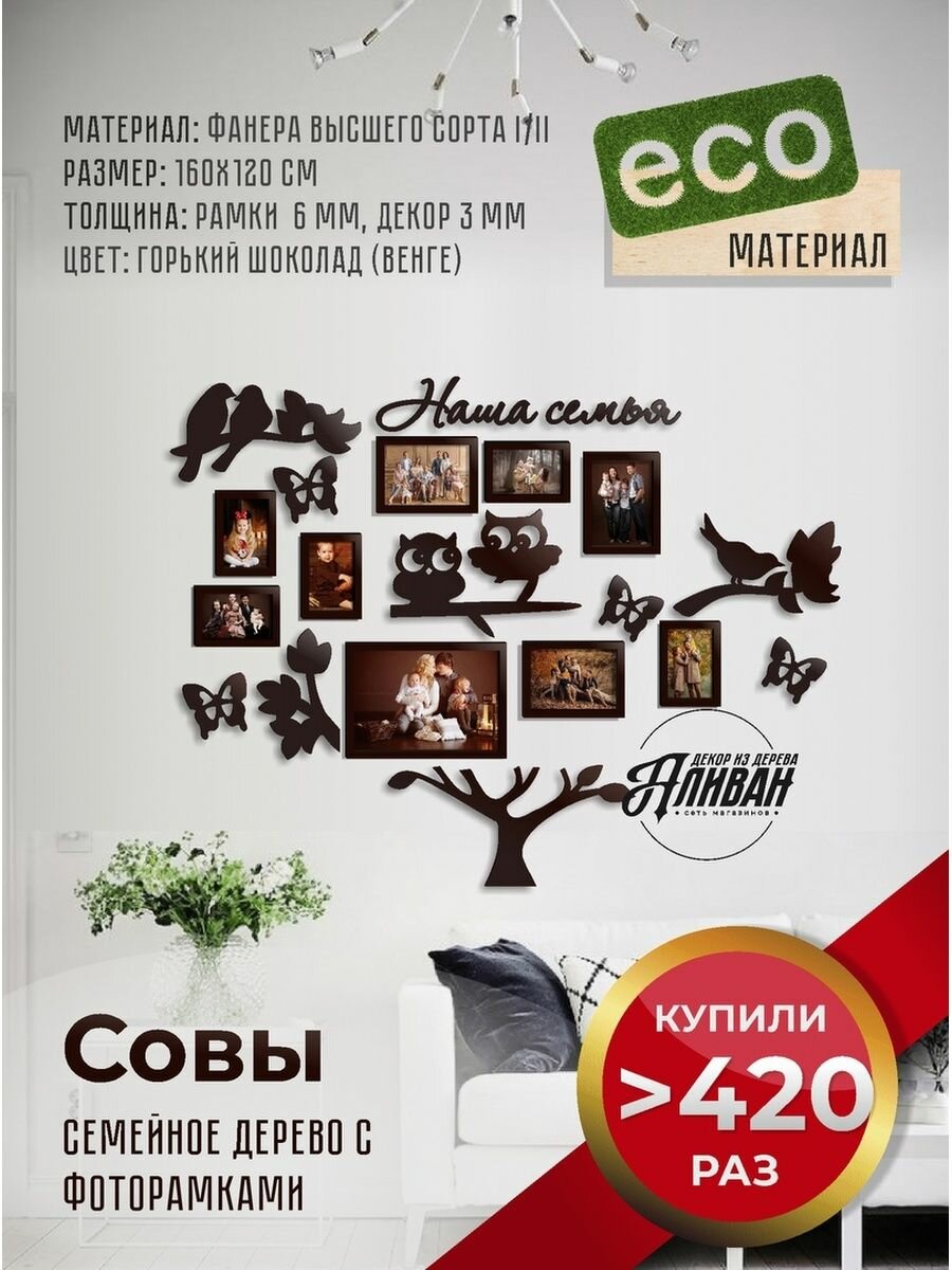 Фотопанно Аливан "Семейное дерево с совами", дерево, цвет венге, 120x160