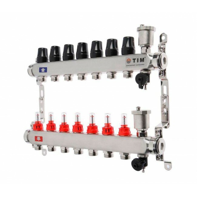 Коллектор c расходомерами для теплого пола на 7 выходов нержавейка TIM KCS5007