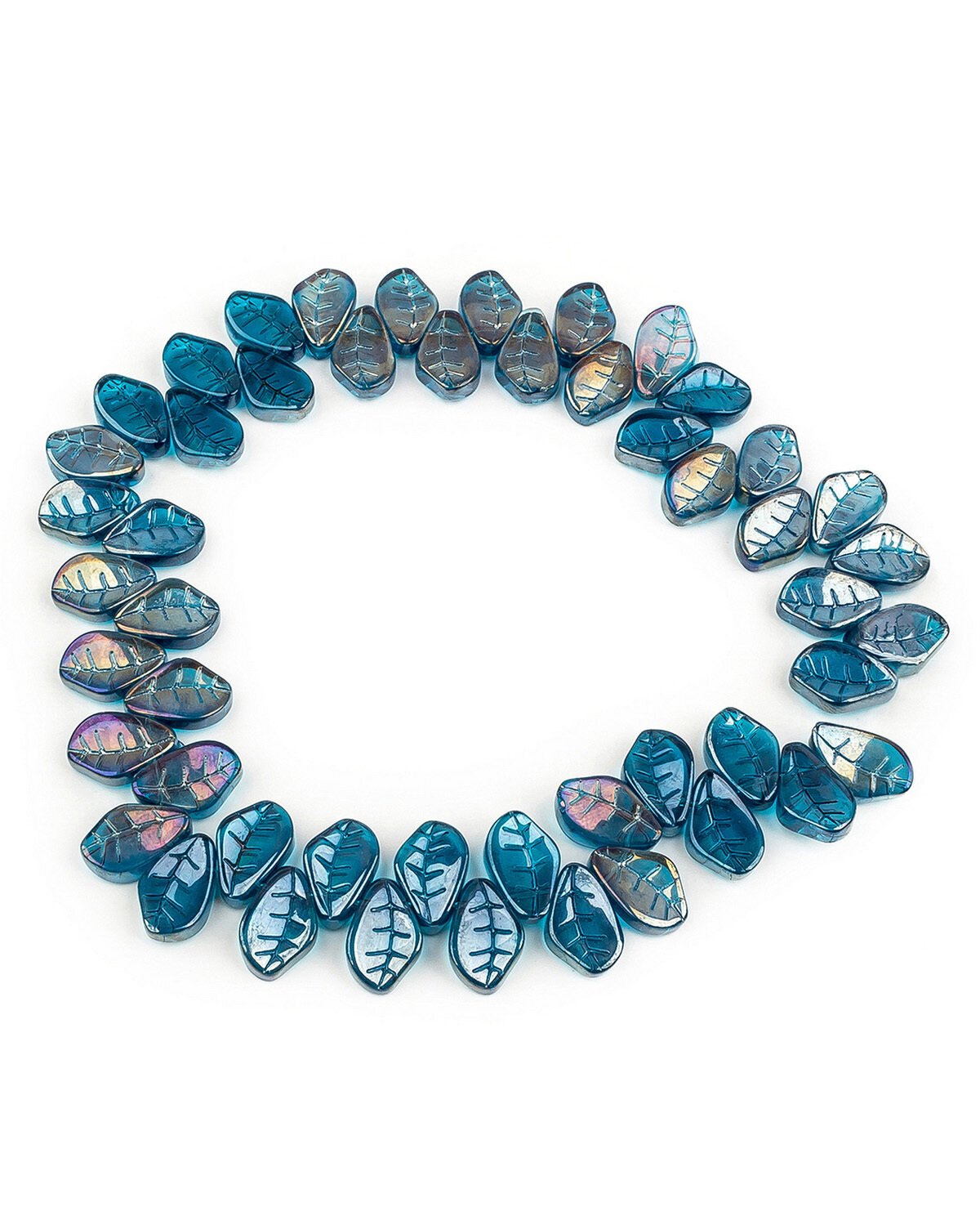 Бусины стеклянные, прозрачные, в форме листиков, с радужным покрытием, размер: 14х10х3,5 мм, цвет: морская волна, длина нити: 32 см (49-50 бусин)