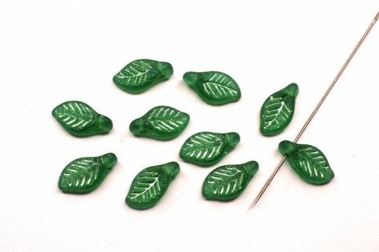 Бусина Листочек 12х6х3мм, цвет 50720/84100/54322 изумрудный с серебром, прозрачная, 735-174, 10шт