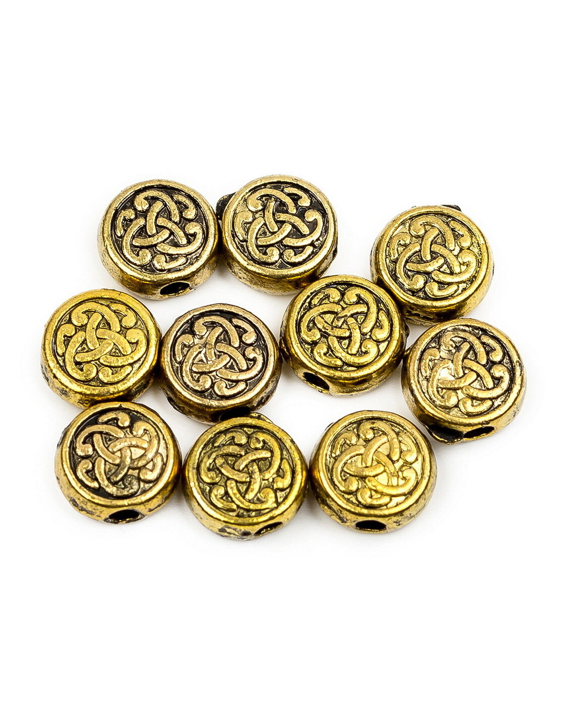 Плоские круглые бусины, размер каждой бусины 7х3 мм, материал сплав олова с покрытием старинное золото, 10 шт.