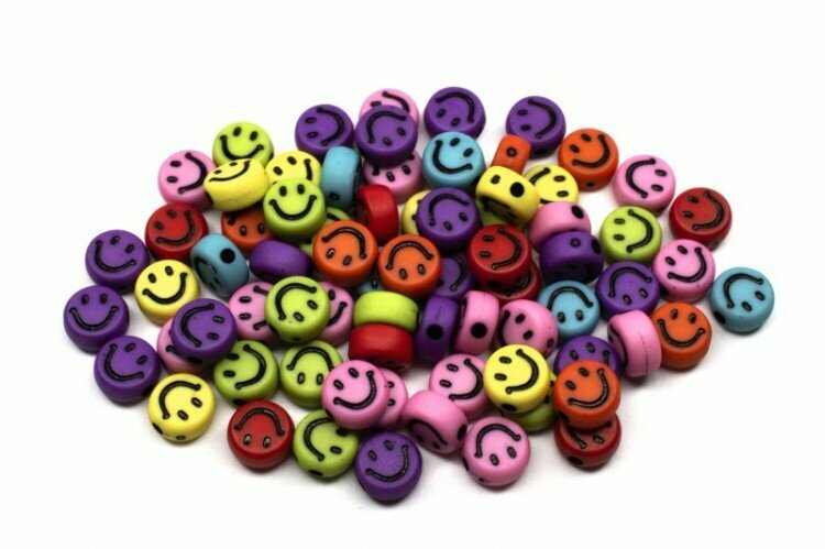 Бусины Смайлики 7х3,5мм, отверстие 1,5мм, цвет разноцветный/черный, пластик, 540-151, 10г (около 75шт)