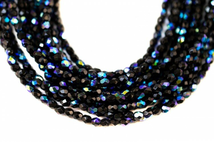 Бусины граненые Firepolish 4мм, отверстие 0,8мм, цвет 2398 черный AB, 714-013, 1 нить (около 50шт)