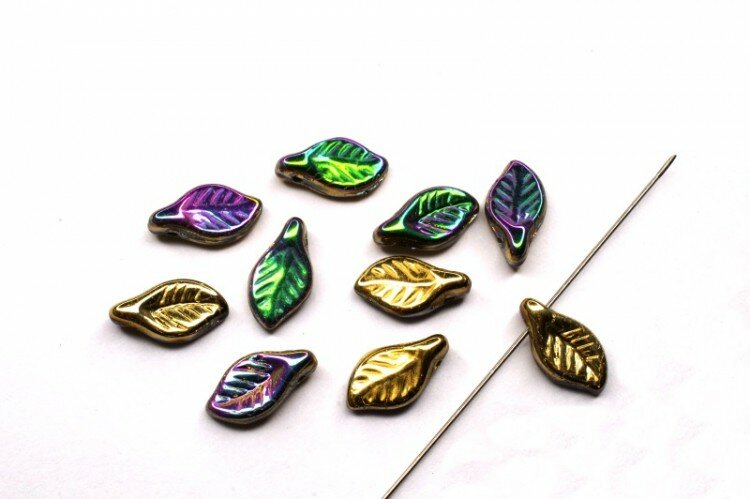 Бусина Листочек 12х6х3мм, цвет 00030/98549 золотой/разноцветный перелив, непрозрачная, 735-164, 10шт