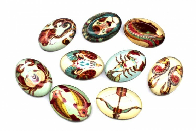 Кабошон стеклянный овальный с принтом Созвездия 25х18х5мм, микс разноцветный, 2001-004, 1шт