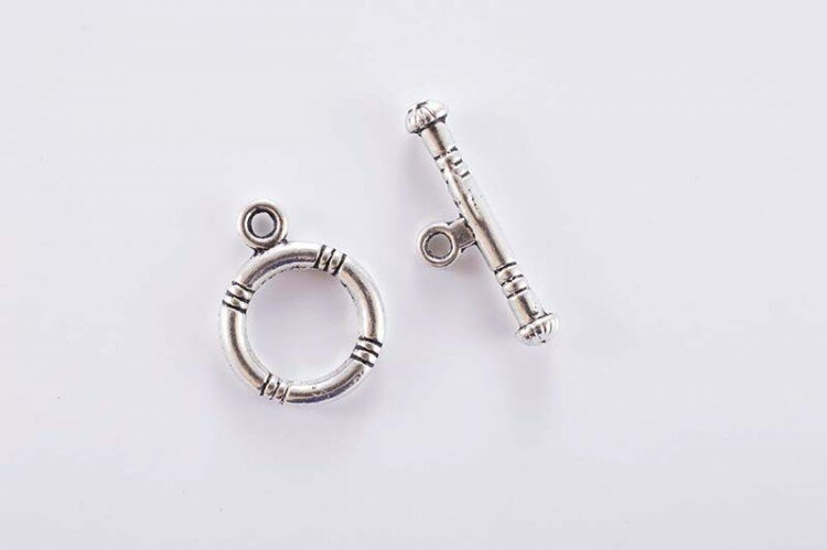 Замок тогл Круглый 15х12х2мм/18х6х3мм, отверстие 2мм, цвет античное серебро, сплав металлов, 12-052, 1 комплект