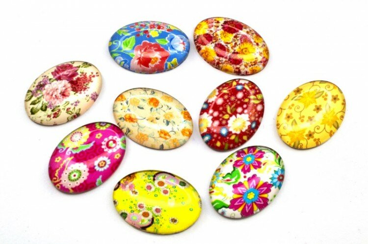 Кабошон стеклянный овальный с принтом Цветы 25х18х6мм, микс разноцветный, 2001-005, 1шт